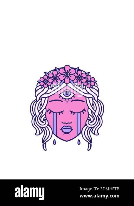 jumping motion animation of iconic tattoo style image of female face ...