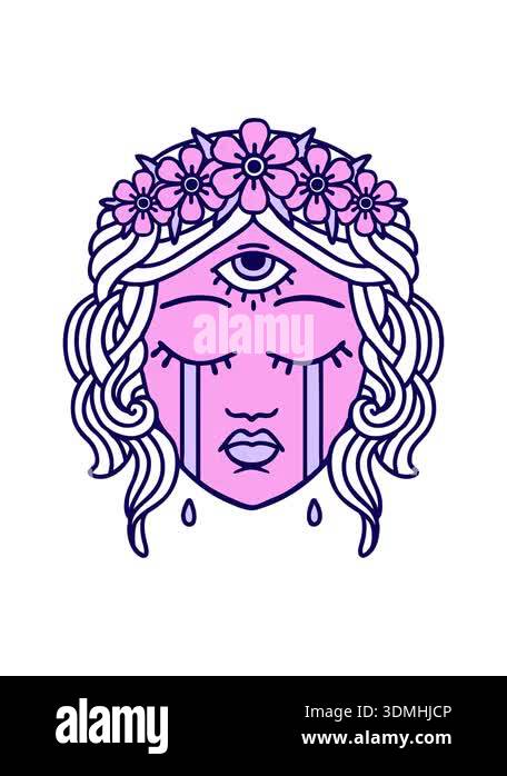 neon light effect animation of iconic tattoo style image of female face ...