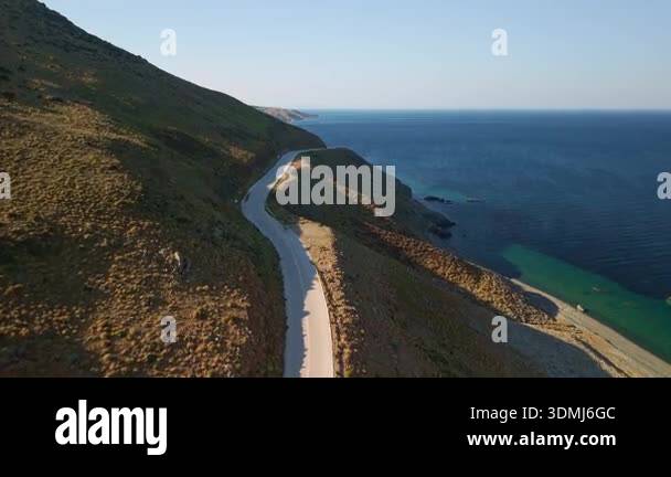 Samothrace, Greece. Aerial view of the winding coastal road along the ...