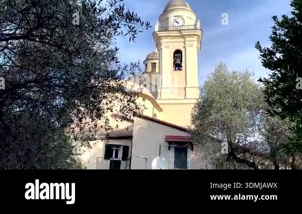 View of church and olive trees from mountain. Nature, traditional town ...