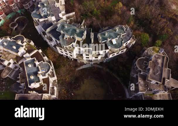 An aerial view showcases a sprawling construction site, where abandoned ...