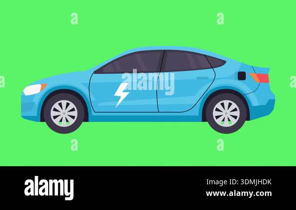 Eco-friendly blue electric vehicle animation green screen background ...