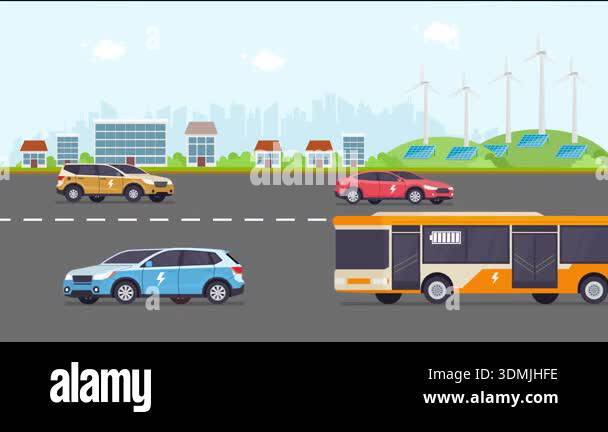 Vector animation of electric cars and public bus traveling on a city ...