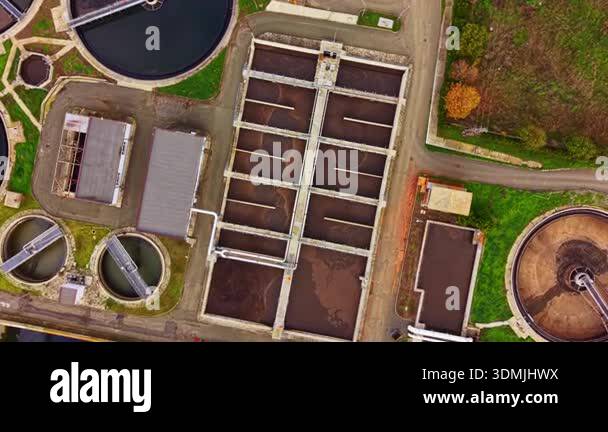 Aerial view showcases the organized structure of a wastewater treatment ...