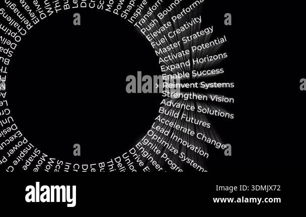 Rotating circle of motivational business slogans with glowing 3D light ...