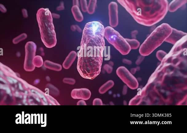 Glowing bacteria cells moving dynamically in a microscopic view ...