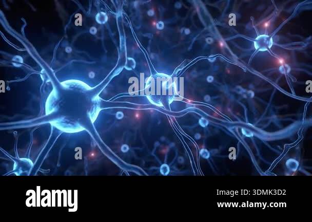 Vibrant blue neurons form complex connections in a glowing neural ...