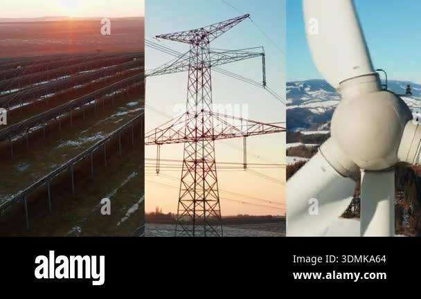 Collage showing modern renewable energy infrastructure with solar power ...
