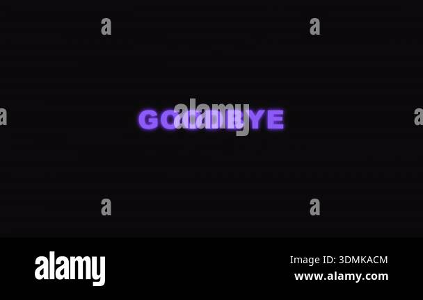 Glowing purple neon word goodbye appearing on black background motion ...