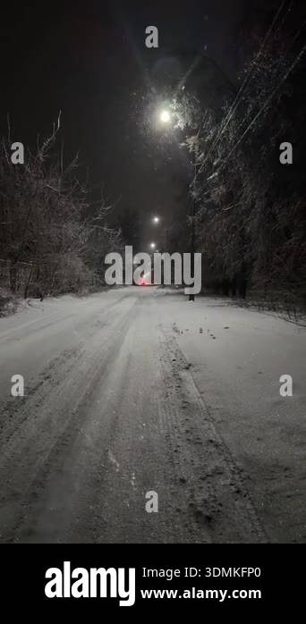 A snow-covered night road with falling snow, streetlights, frosty trees ...