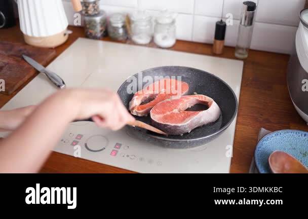 Grilled salmon steaks on the pan. Freshly cooked fish fillet. Food ...