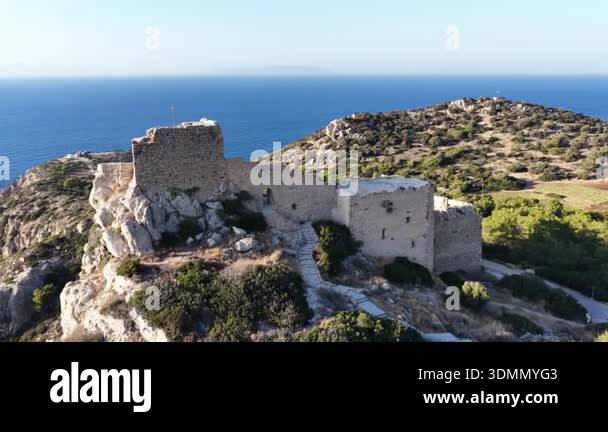 Aerial view of the ancient Kritinia Castle ruins on Rodos island Greece ...