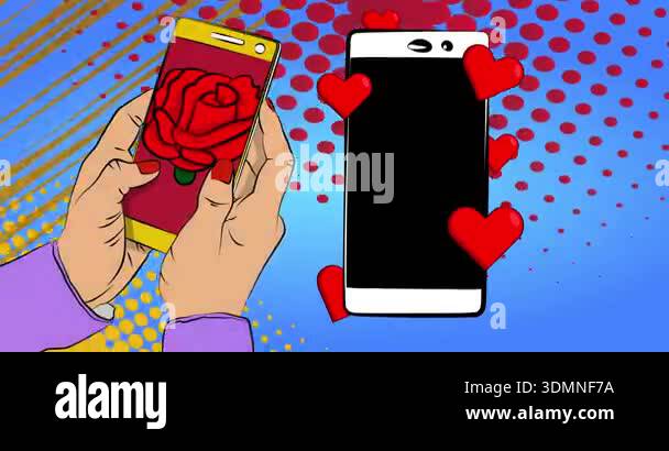 Cartoon Smartphone, comic book Telephone with Red Heart and Rose. Retro ...