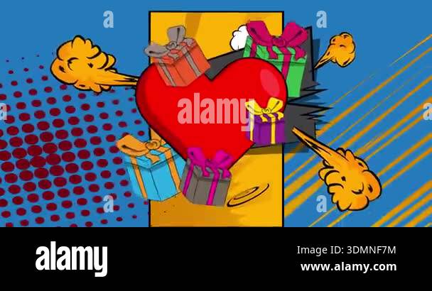 Cartoon Heart and gift box, comic book Valentine's Day video. Retro ...