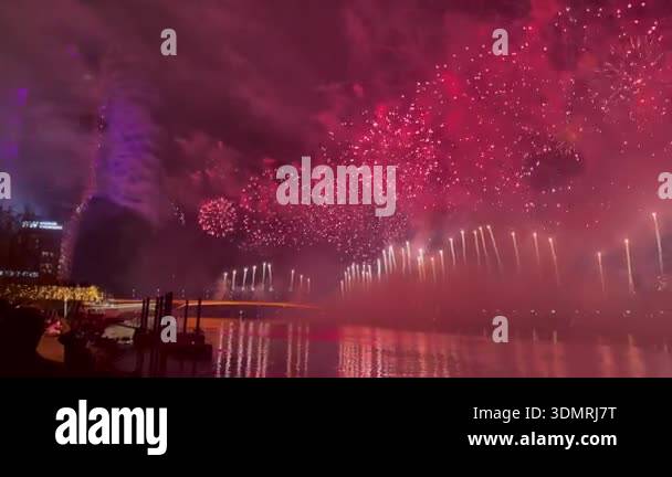 Red Fireworks Over Belgrade Riverfront Pier, Dense Crimson Smoke And ...