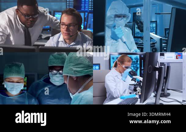 Scientists, lab equipment and microscopes in biomedical innovations and ...