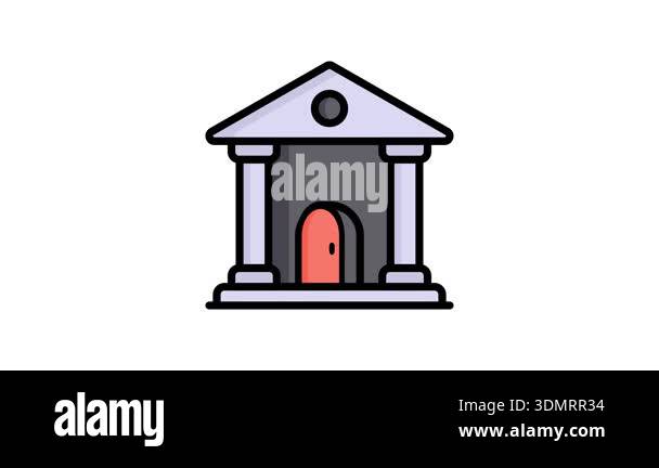 An animated icon of bank building in flat outline style, ready for ...