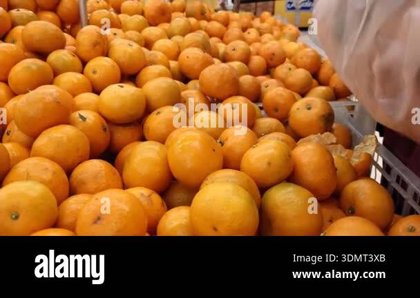 shot of a hand selecting fresh oranges fruit at an indoor market ...