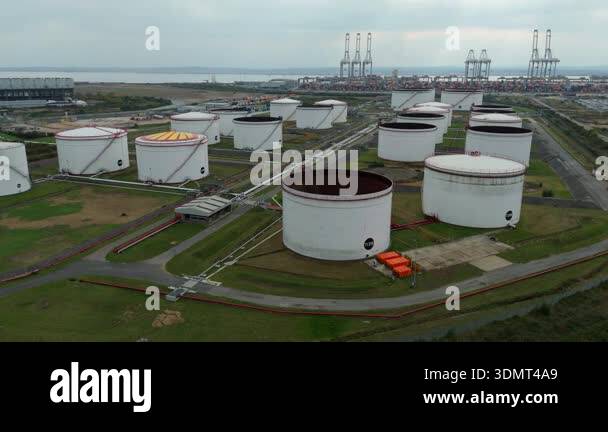 Top down aerial drone view of the massive fuel storage depot and oil ...