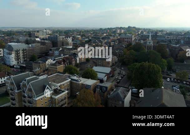 Moody aerial view of Gravesend town across the River Thames during a ...