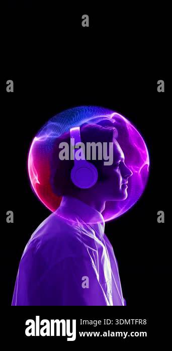 Loop animation. Man in headphones with glowing sound sphere around head ...