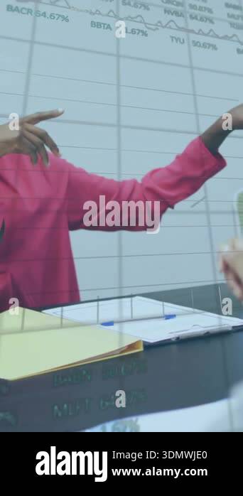 Animation of financial data processing over african american woman in ...