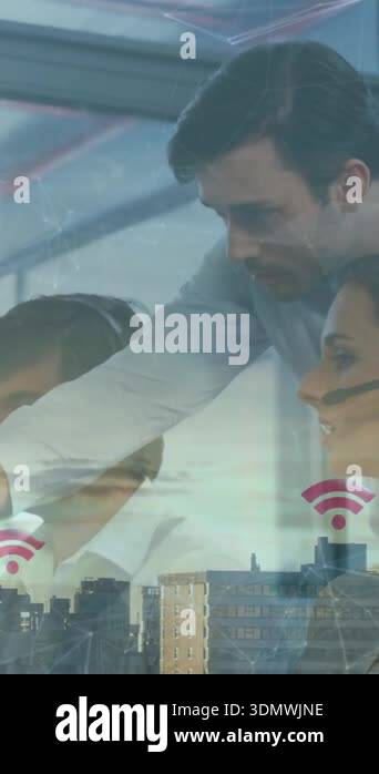 Collaborating business team with Wi-Fi symbols animation over cityscape ...