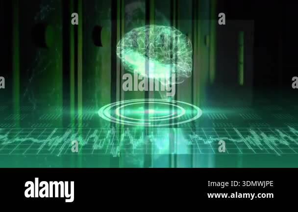 Projector ring glowing emitting neon activating rotating brain hologram ...