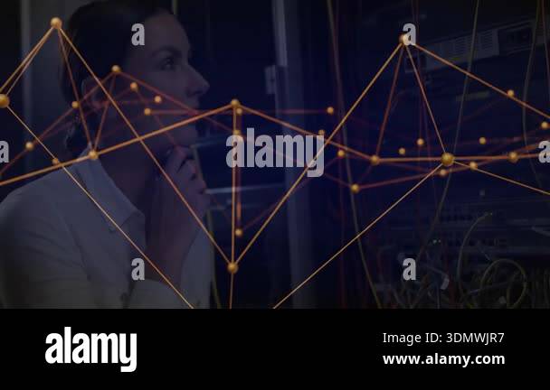 Network engineer tapping virtual network nodes in data center ...