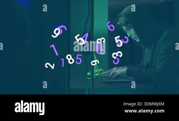 Hooded coder coding on laptop amid tech cables as purple numerals ...