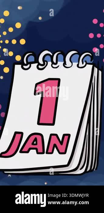 Animation of 1 january calendar page with fireworks on blue background ...