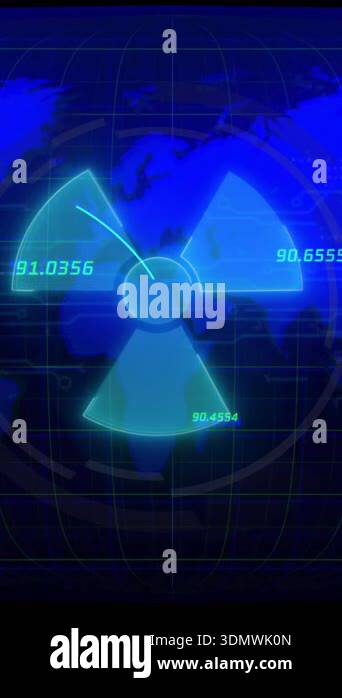 Animation of nuclear symbol overlay on digital world map with glowing ...