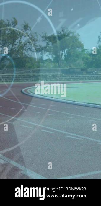 Runner on track with speedometer animation over athletic field ...