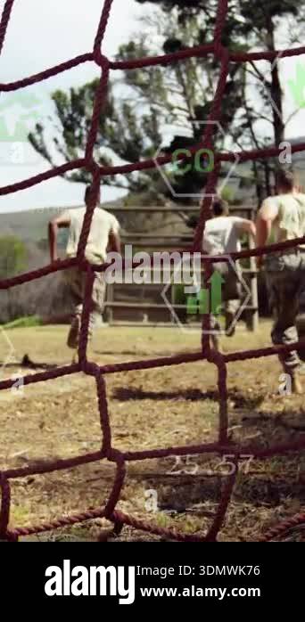 Running through obstacle course, military personnel with animation of ...
