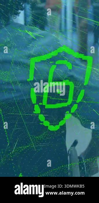 Cybersecurity shield animation over people working in office ...