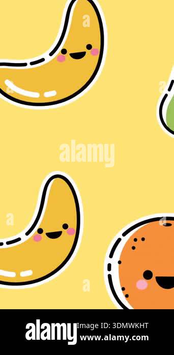 Animation of falling fruits over yellow background. cuisine, food and ...