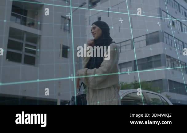 Woman with hijab tapping phone to call and scrolling messages, AR ...