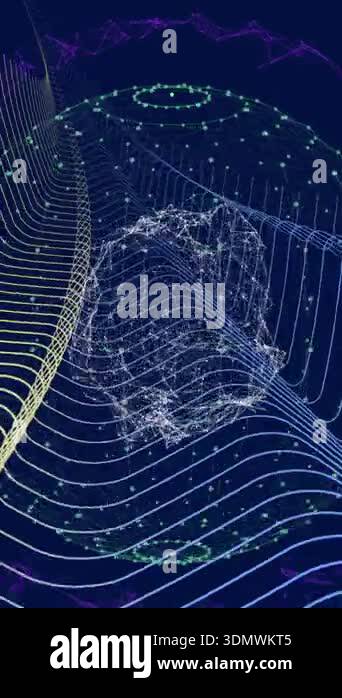 Animation of abstract waves with connecting the dots pattern and globe ...
