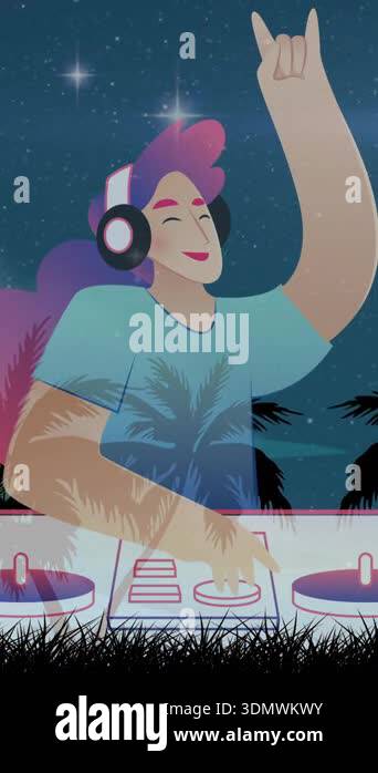 Animation of female dj icon over palm trees, stars and moon on sky ...