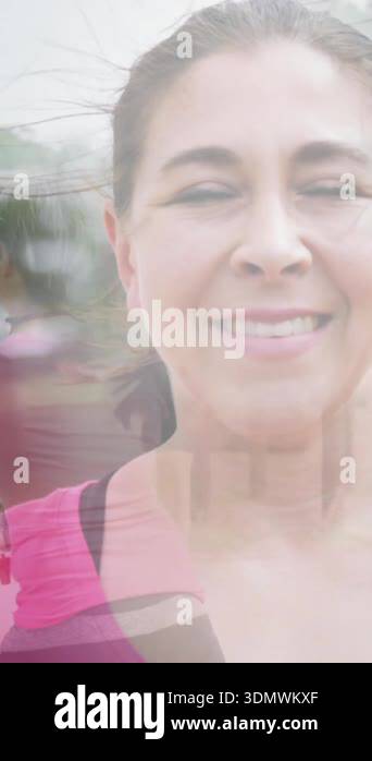 Animation of caucasian woman over diverse people exercising. global ...