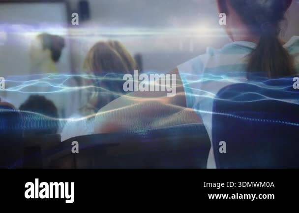 Digital wave drifting across class causing teacher raising pointer at ...