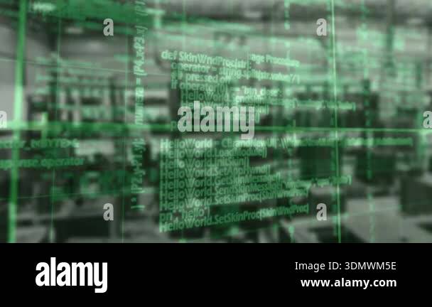 System initializing green grid overlay revealing industrial warehouse ...