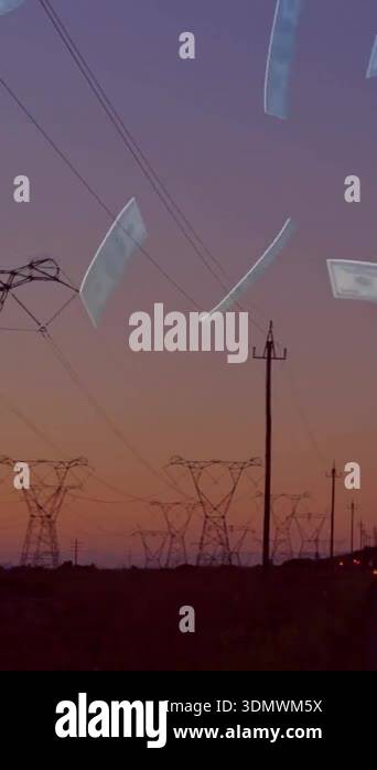 Falling dollar bills animation over power lines at sunset. Finance ...