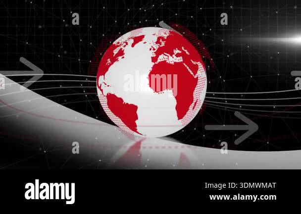 On start 3D globe rotating on platform with flowing lines and arrows ...