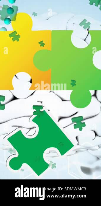 Animations of falling colorful puzzle pieces over blue background ...