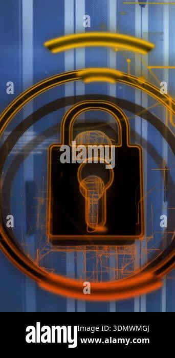 Lock icon animation over server room, representing data security and ...
