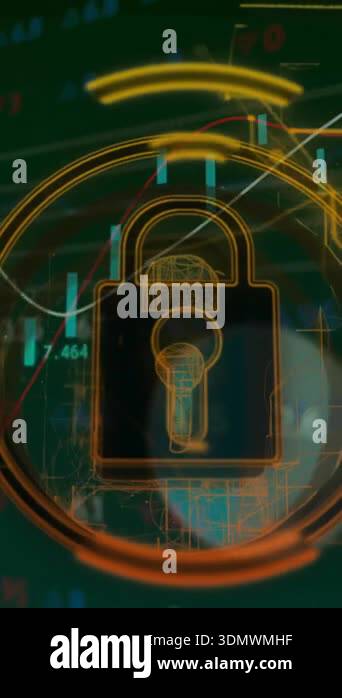 Animating lock symbol over financial charts and graphs for secure data ...