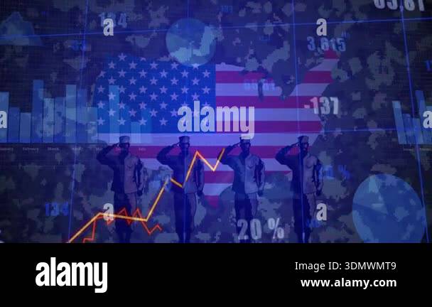 Emerging trend lines intersecting charts over flag while soldiers ...