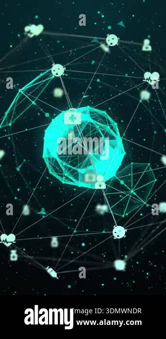 Animation of network of connections with icons over globe on black ...