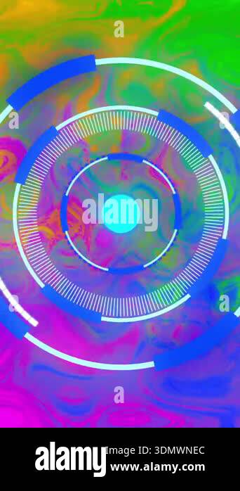 Circular digital interface over vibrant, colorful abstract animation ...
